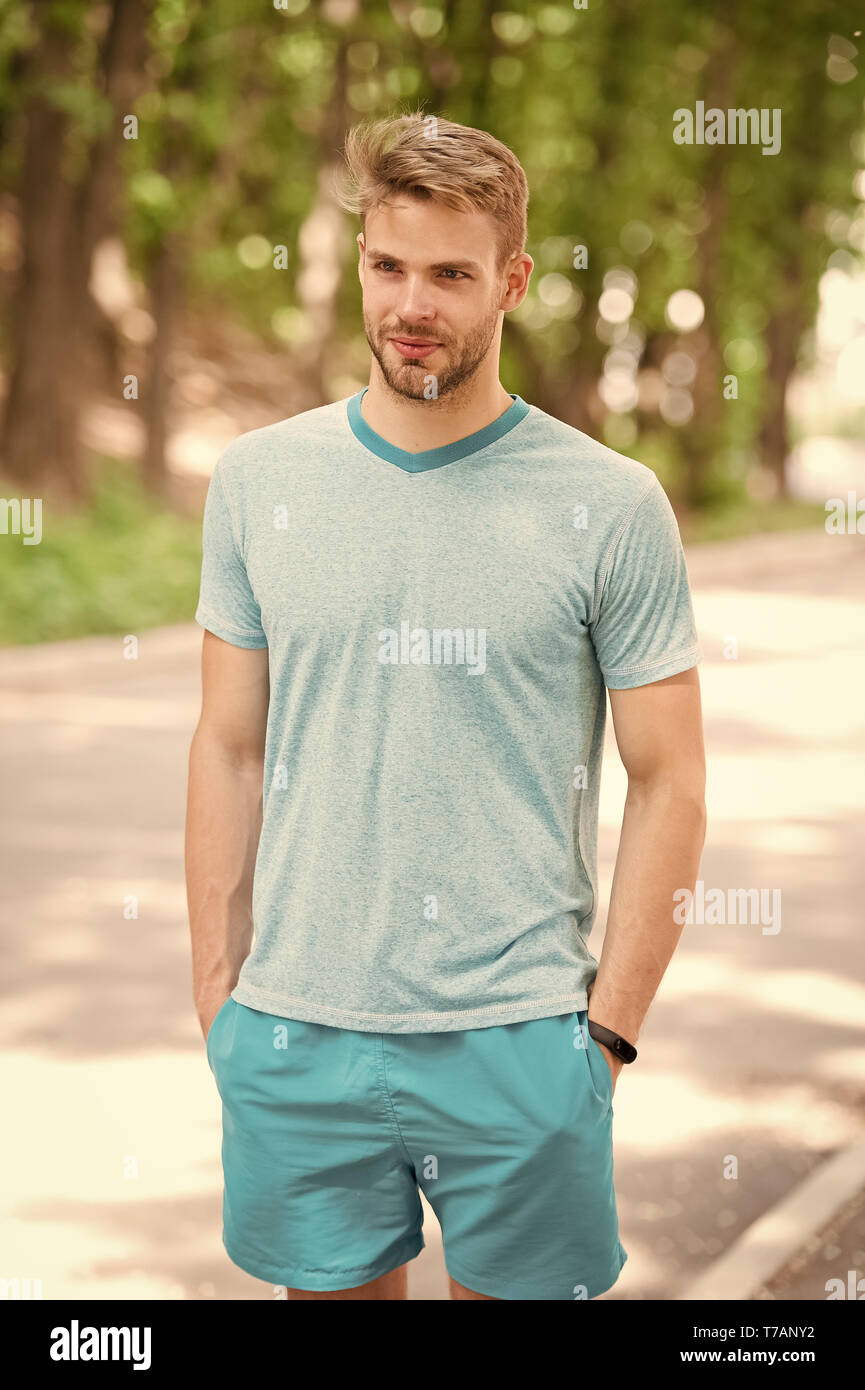 Enjoy wellbeing and healthy body. Man sporty outfit looks confident ...