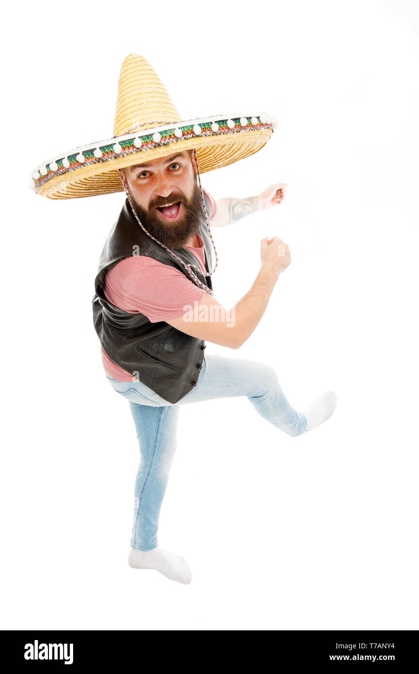 Mexican energetic temper. Man bearded cheerful guy wear sombrero ...