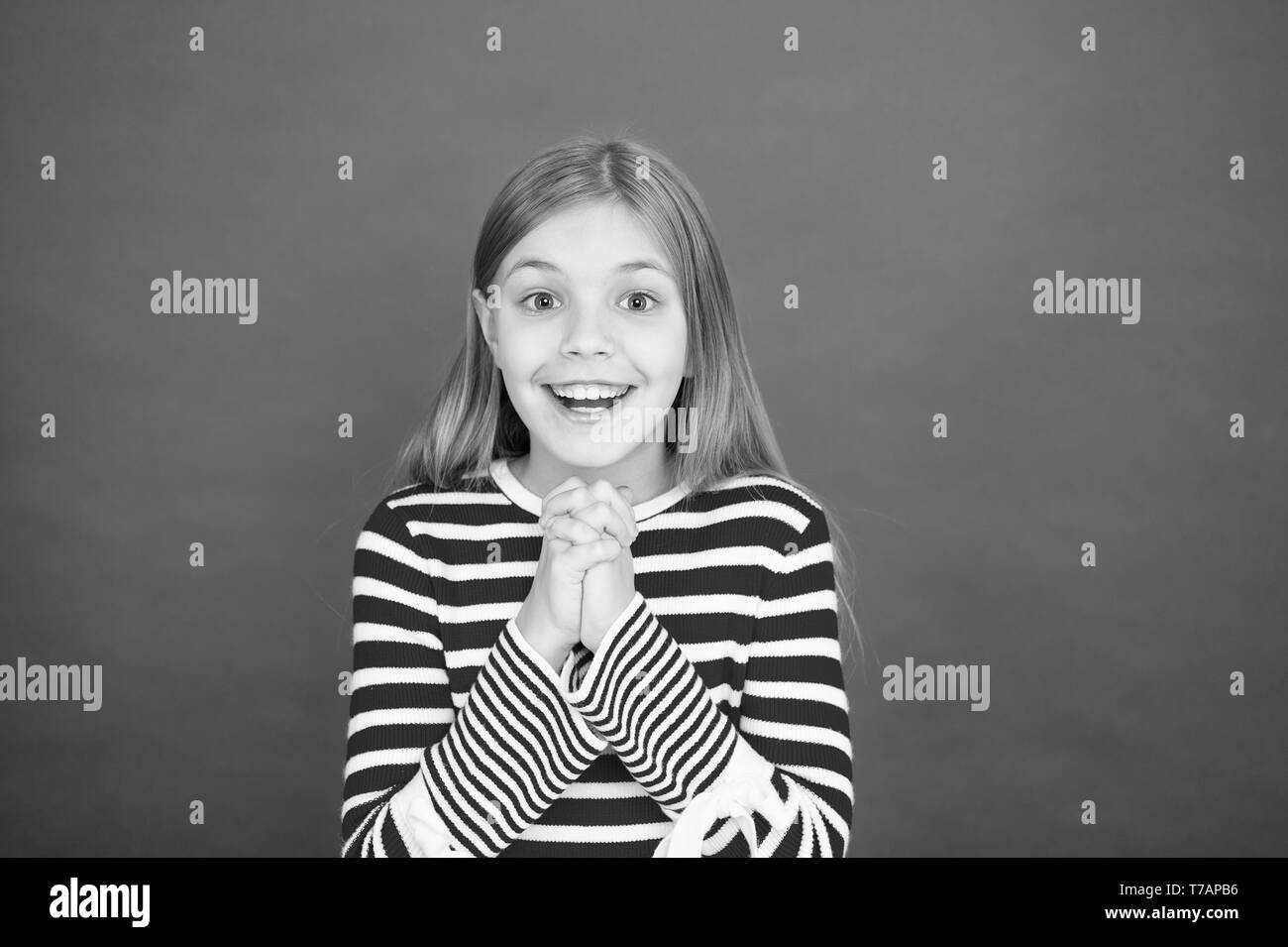 Child girl dreaming her wish come true. Miracle happens. Little girl ...