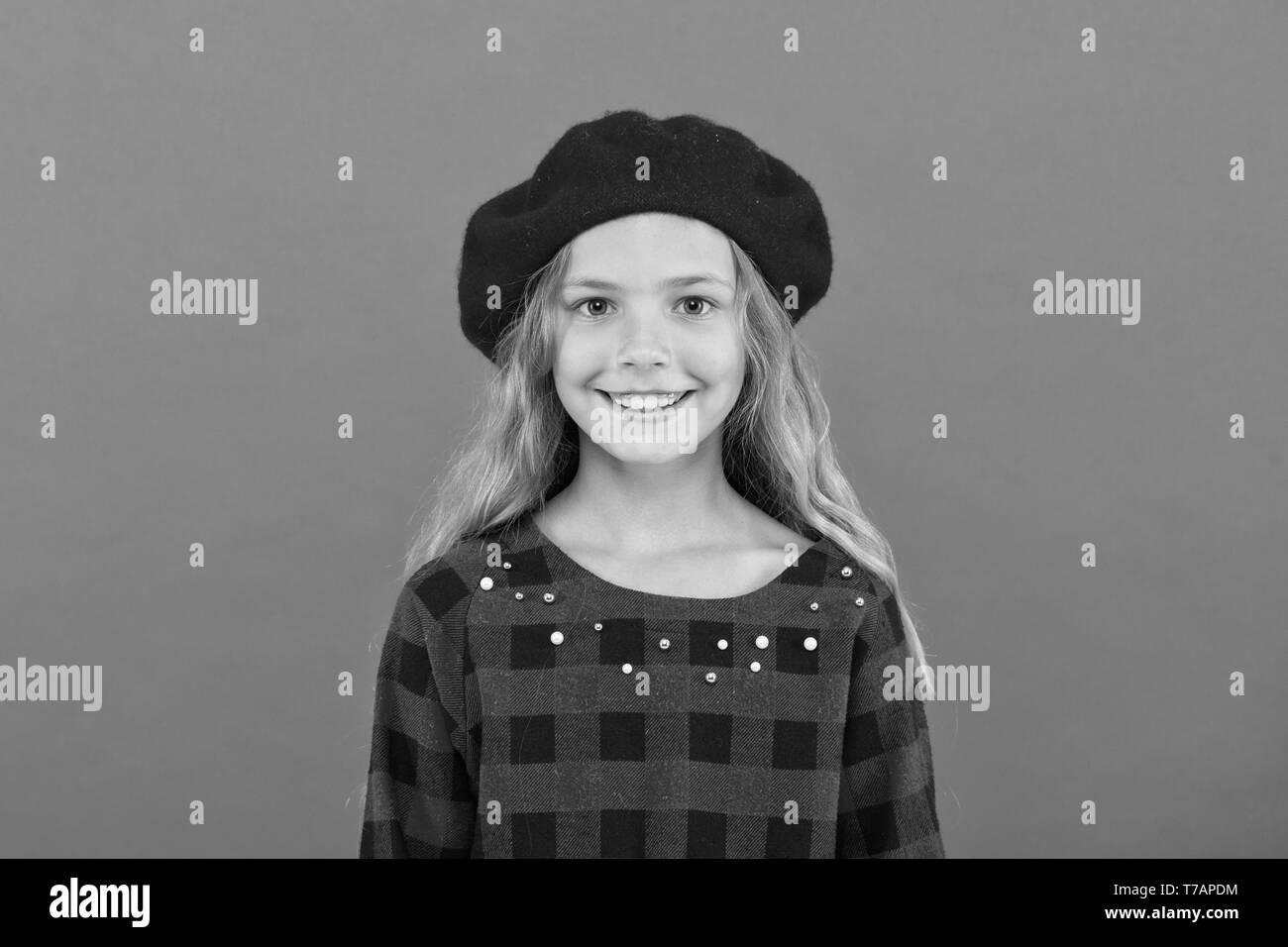 How wear beret like fashion girl. Kid little girl with long hair posing ...