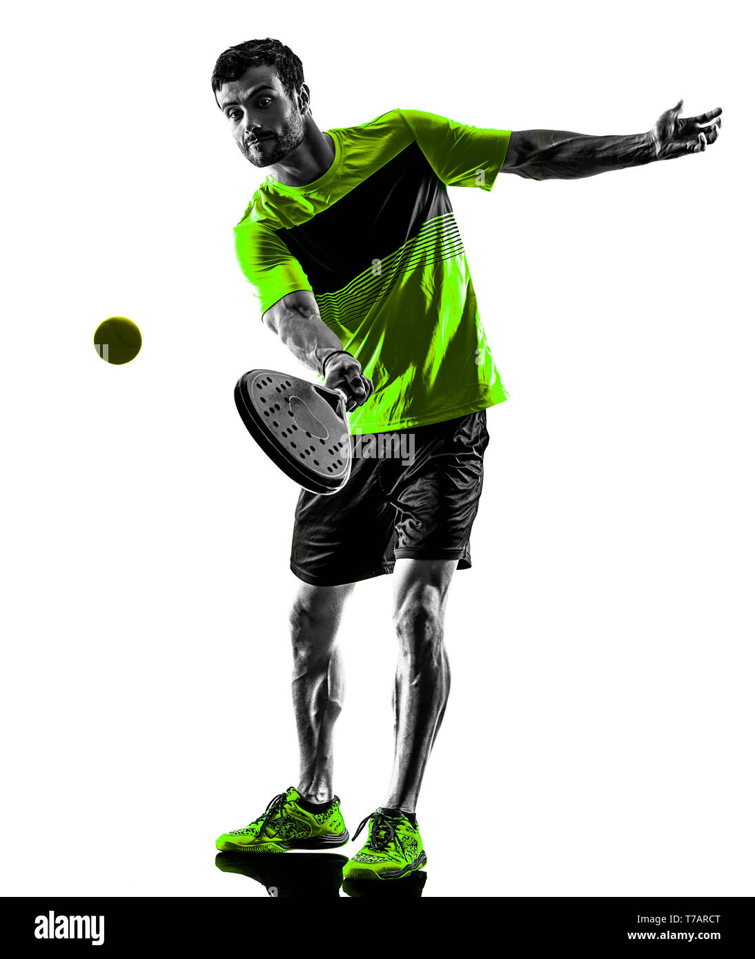 one caucasian man playing Paddle tennis player isolated on white ...