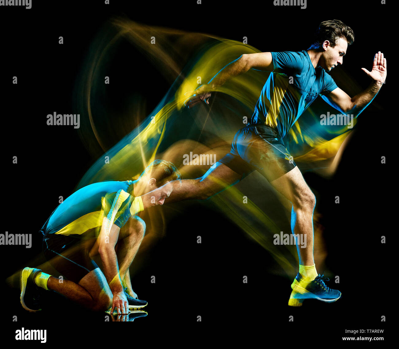 one caucasian runner running jogger jogging man light painting speed ...