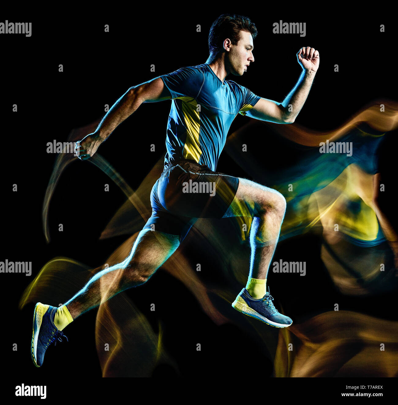 one caucasian runner running jogger jogging man light painting speed ...