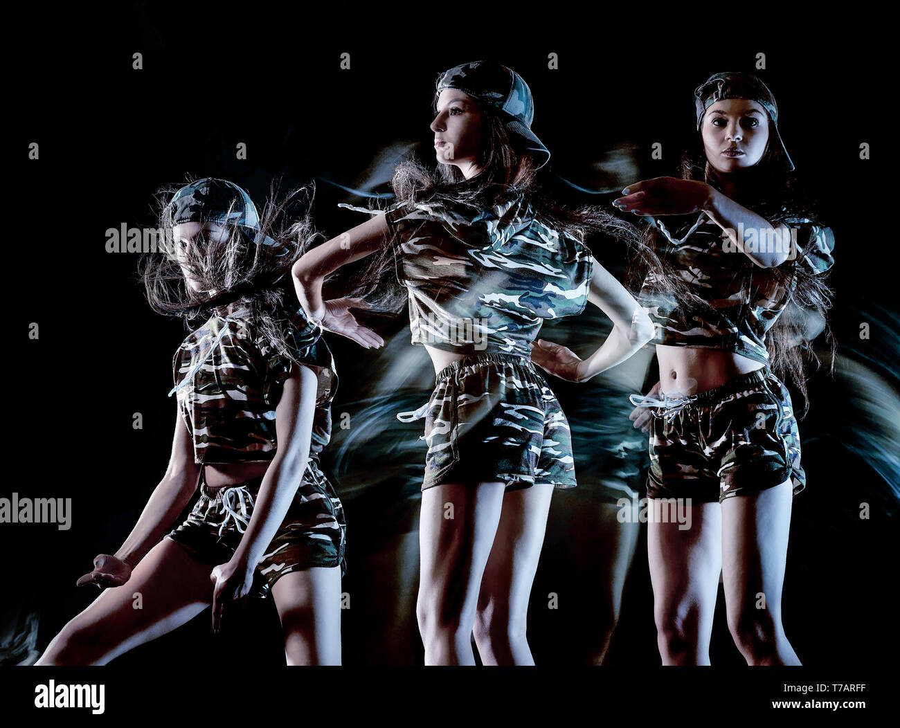 one caucasian young woman modern dancer dancing isolated on black ...