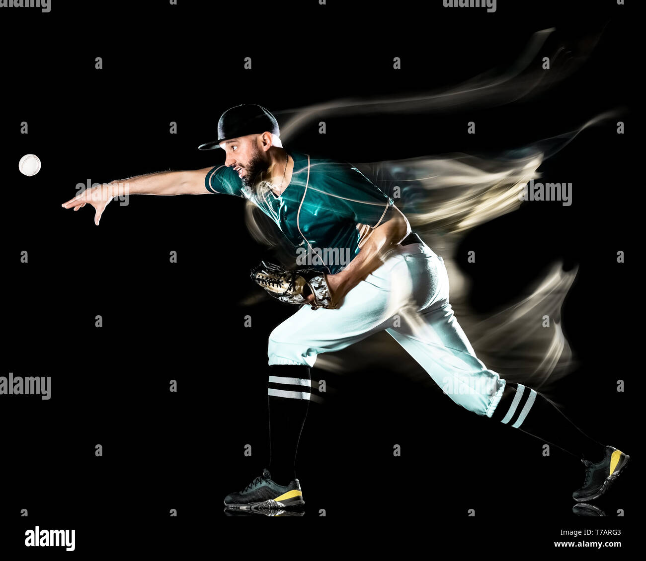 one caucasian baseball player man studio shot isolated on black ...