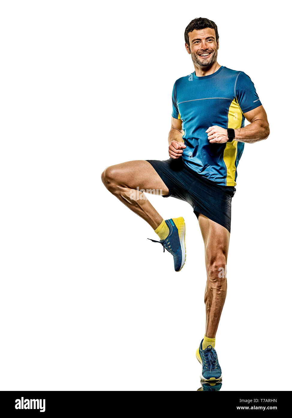 one caucasian handsome mature man running runner jogging jogger ...