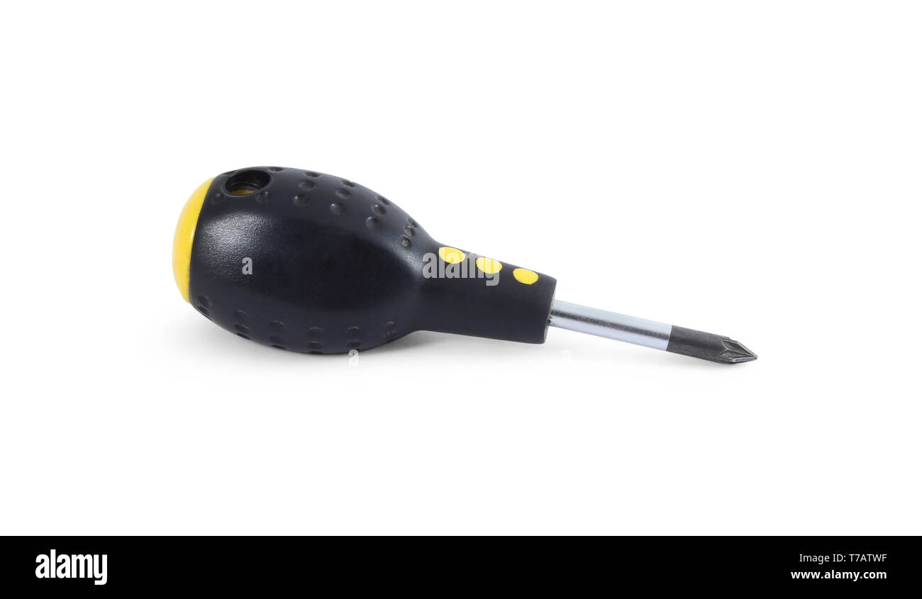 Crosshead screwdriver with a short tip and black plastic handle Stock ...