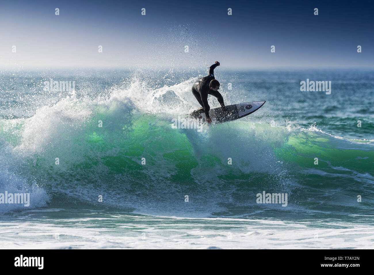 Spectacular surfing action at popular surfing hotspot Fistral beach in ...