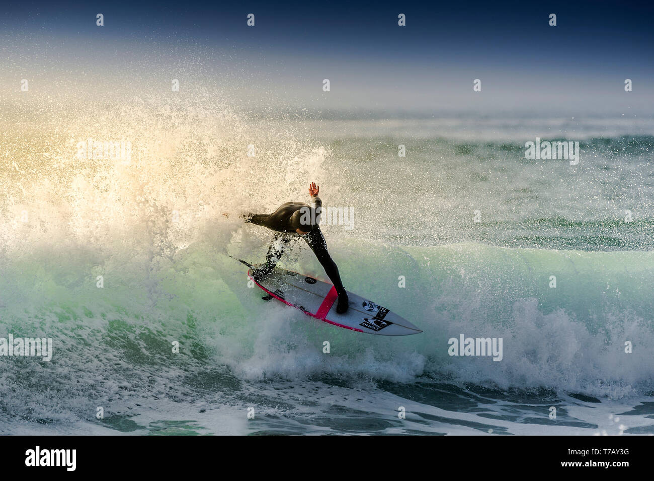 Spectacular surfing action at popular surfing hotspot Fistral beach in ...
