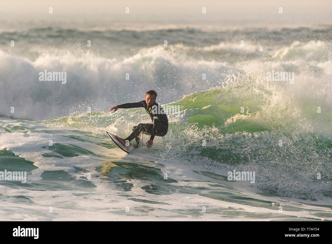 Spectacular surfing action at popular surfing hotspot Fistral beach in ...