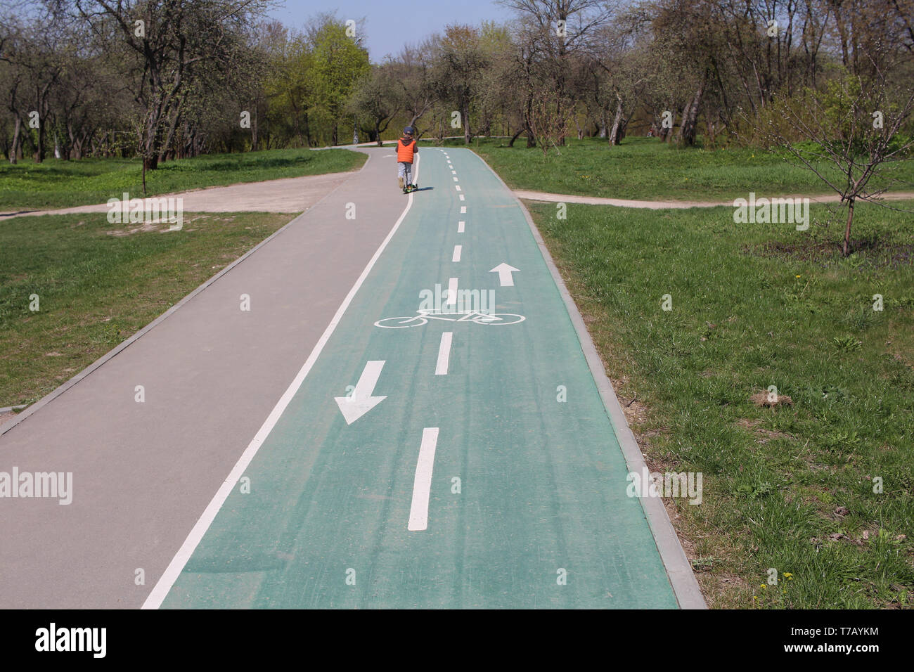 Bicycle road. Dedicated road for bicycles. There are arrows on the road ...