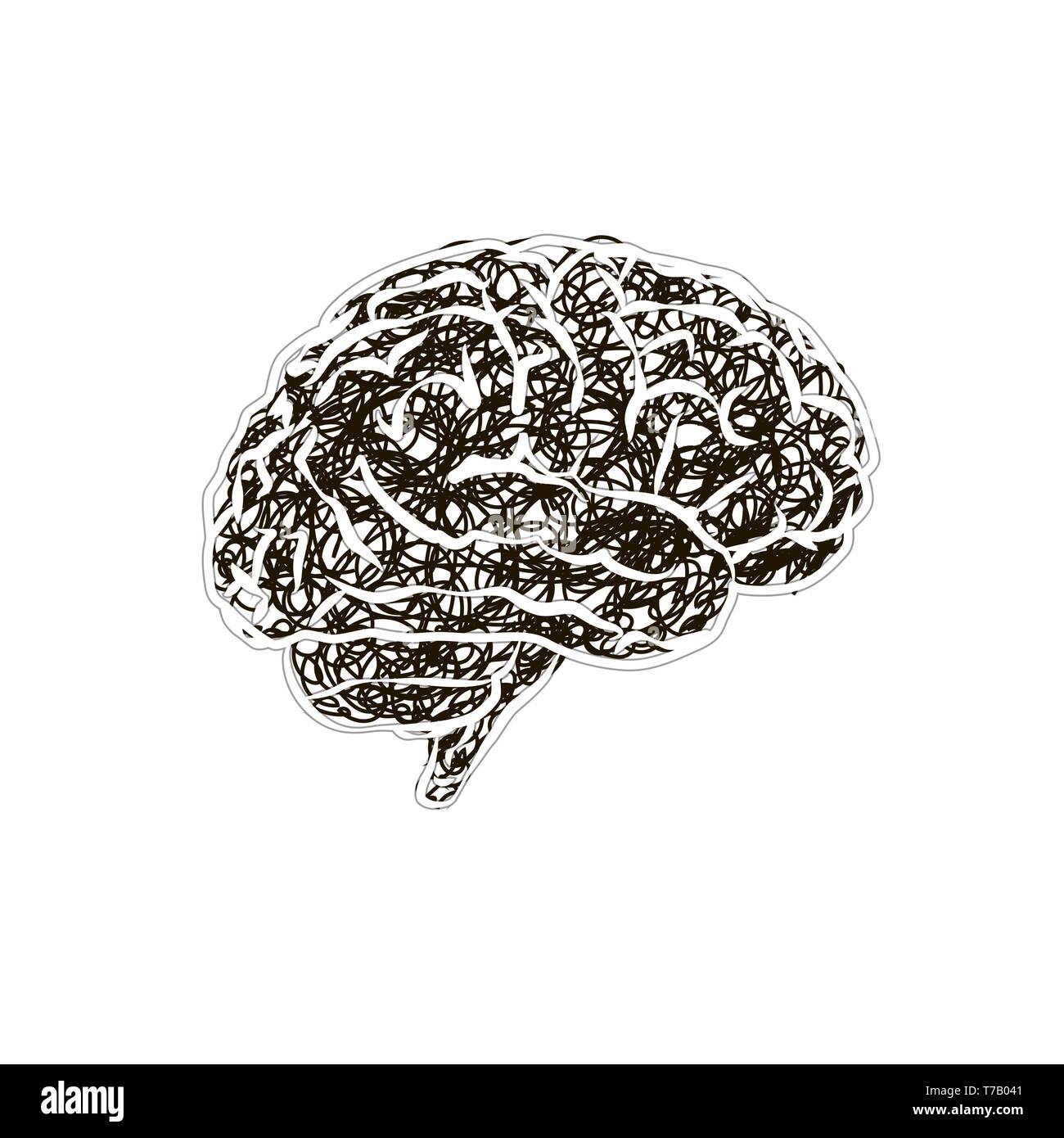 Human brain with messy doodle hatching, stress concept on white Stock ...