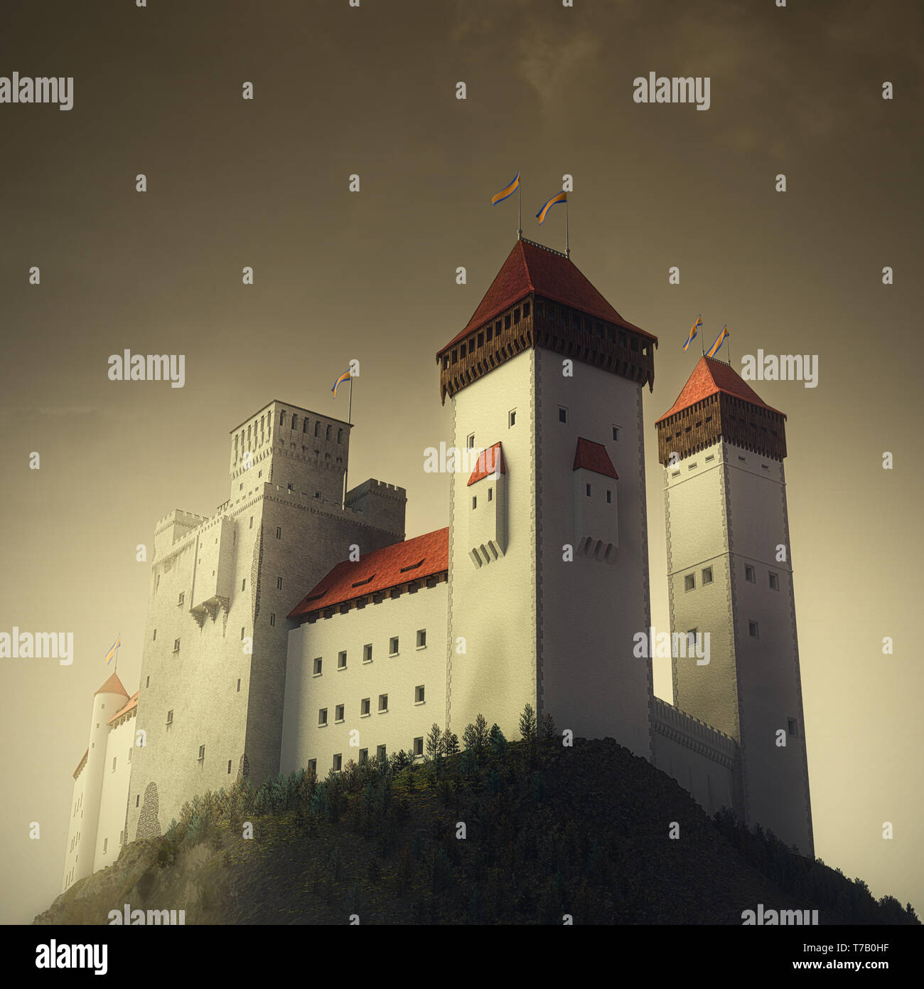 High medieval castle standing on to top of rock. Twilight lighting ...