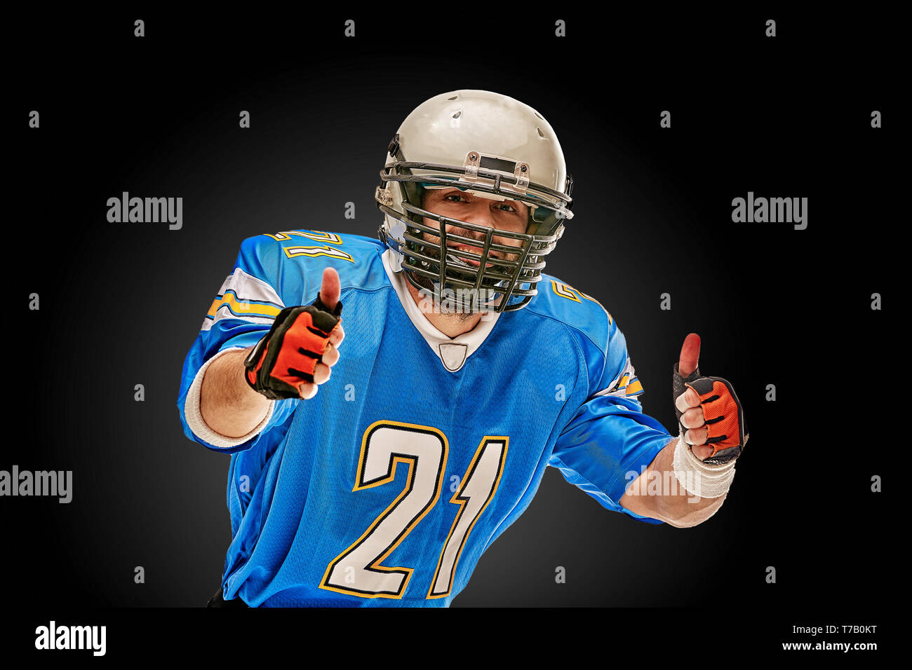 Portrait of American football player shows finger figure like Stock ...