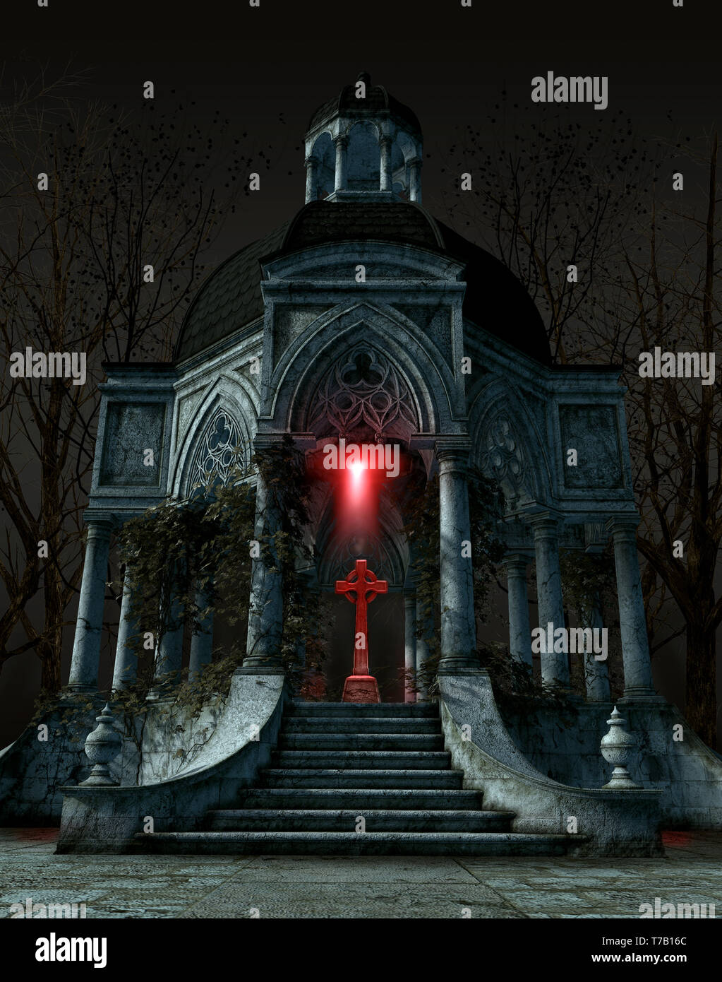 Gothic mausoleum tomb with a gravestone situated in the center of the ...