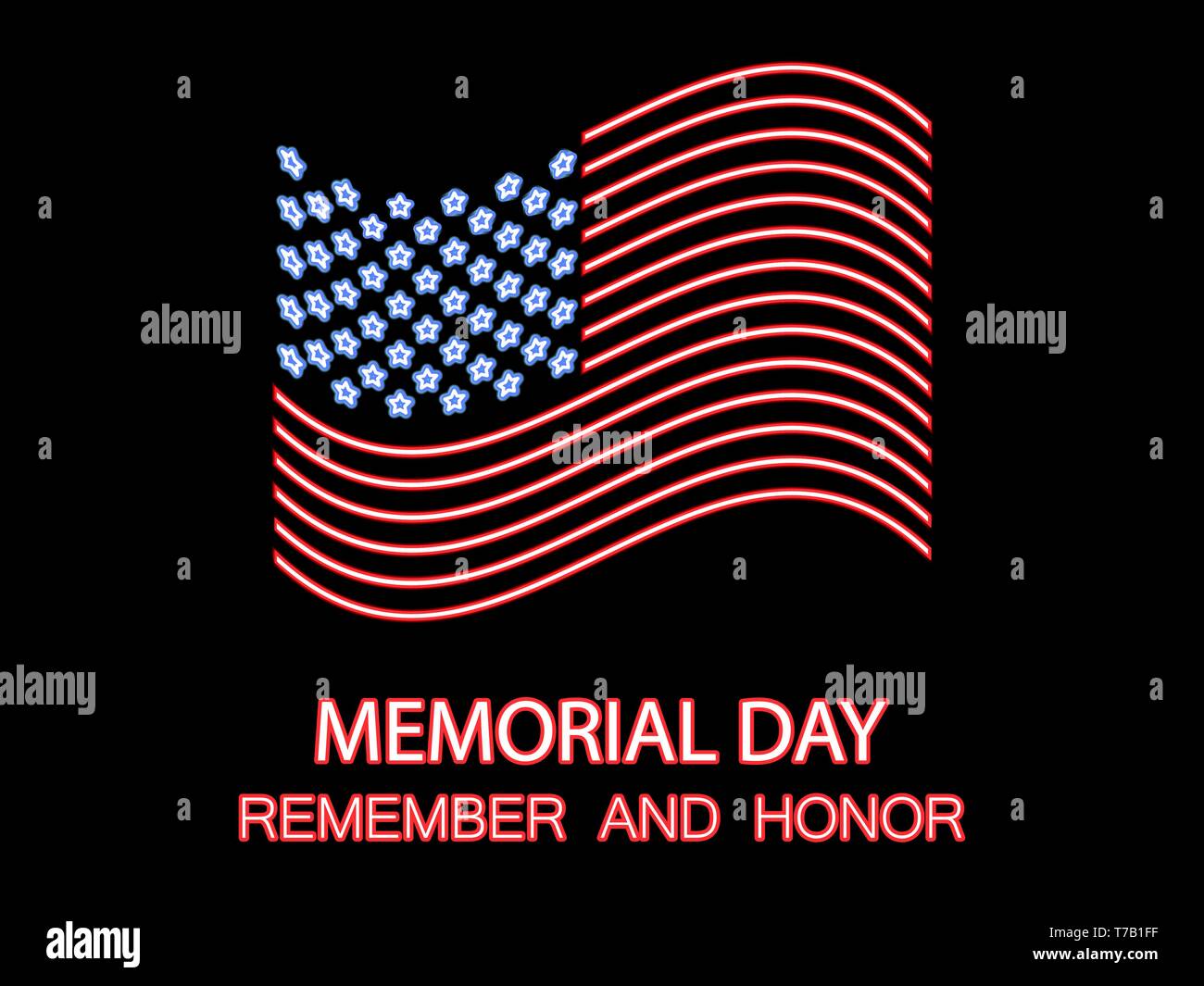 Memorial Day. Remember and Honor. Neon flag of the United States ...