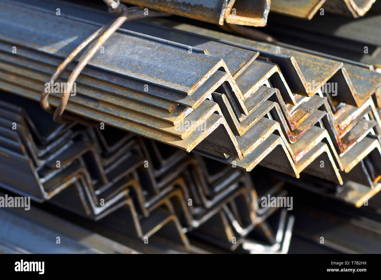 Metal profile angle in packs at the warehouse of metal products, Russia ...