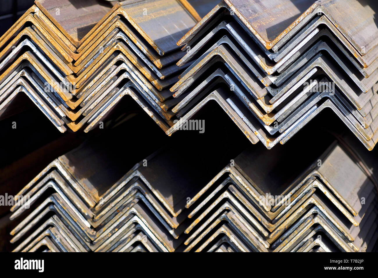 Metal profile angle in packs at the warehouse of metal products, Russia ...