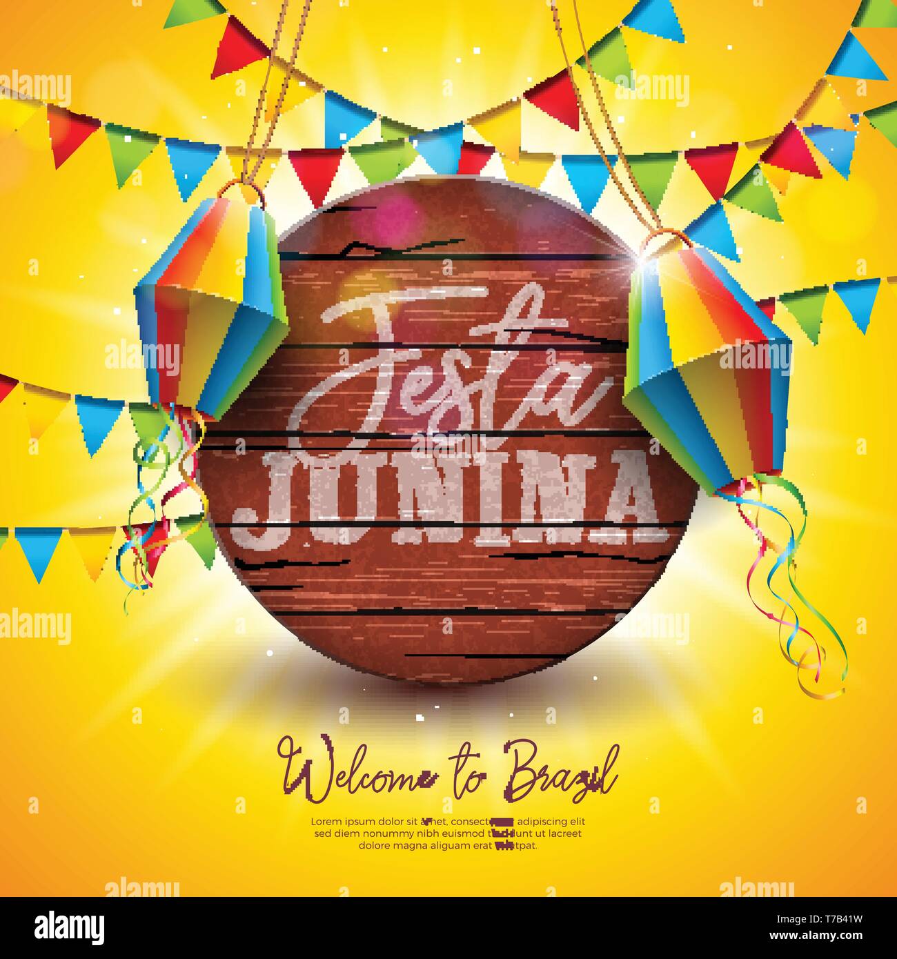 Festa Junina Illustration with Party Flags and Paper Lantern on Yellow ...