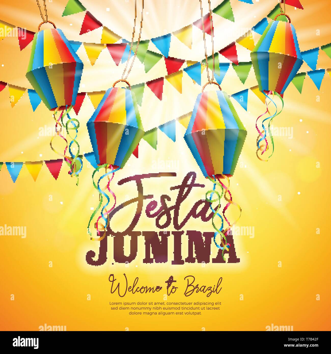 Festa Junina Illustration with Party Flags and Paper Lantern on Yellow ...