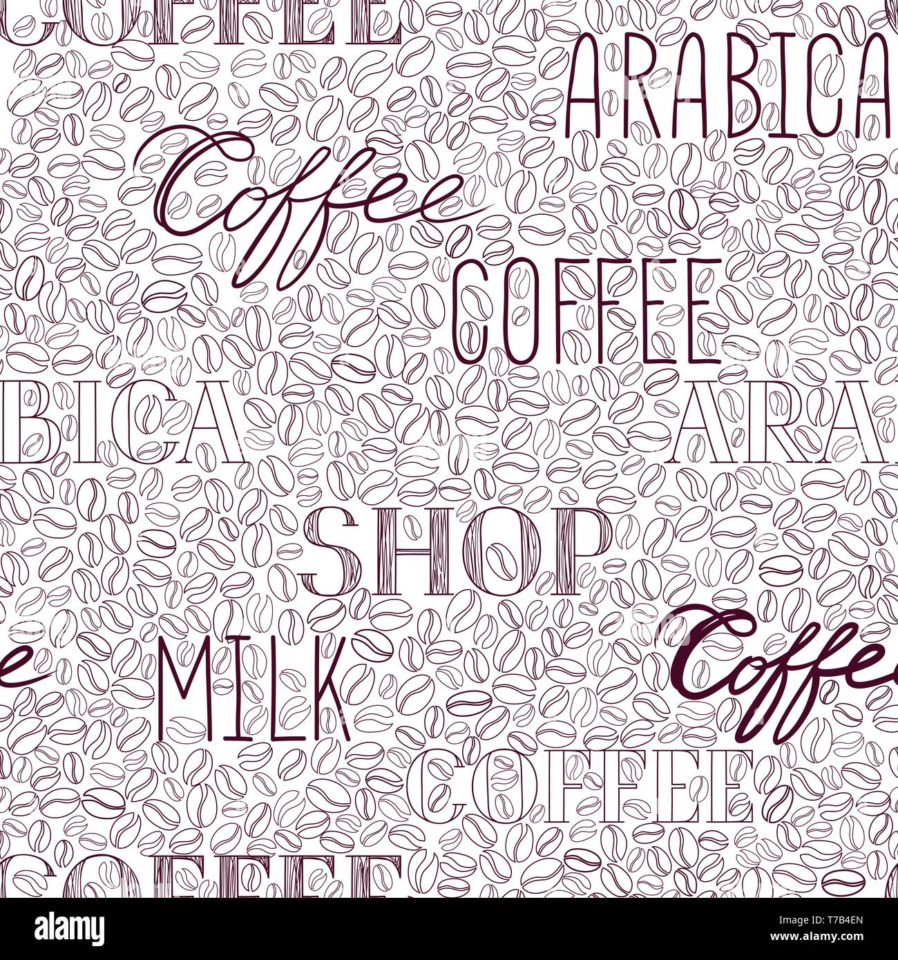 Coffee seamless pattern. Coffee beans and lettering COFFEE hand-drawn ...