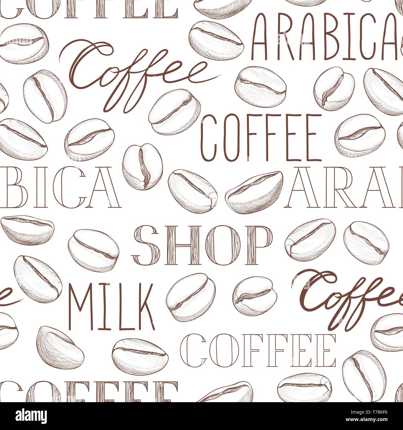 Coffee seamless pattern. Coffee beans and lettering COFFEE hand-drawn ...