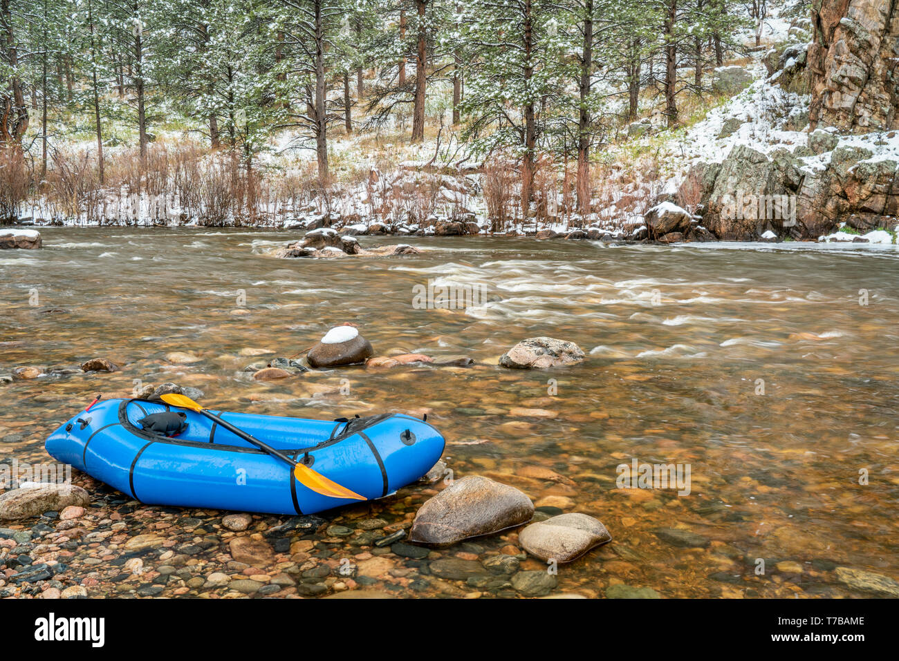 inflatable packraft (one-person light raft used for expedition or ...
