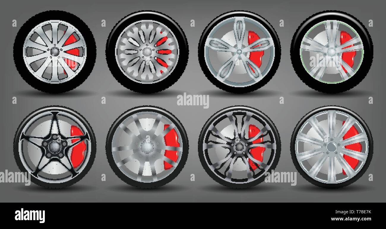 Set of wheels with disks and tyres Stock Photo - Alamy