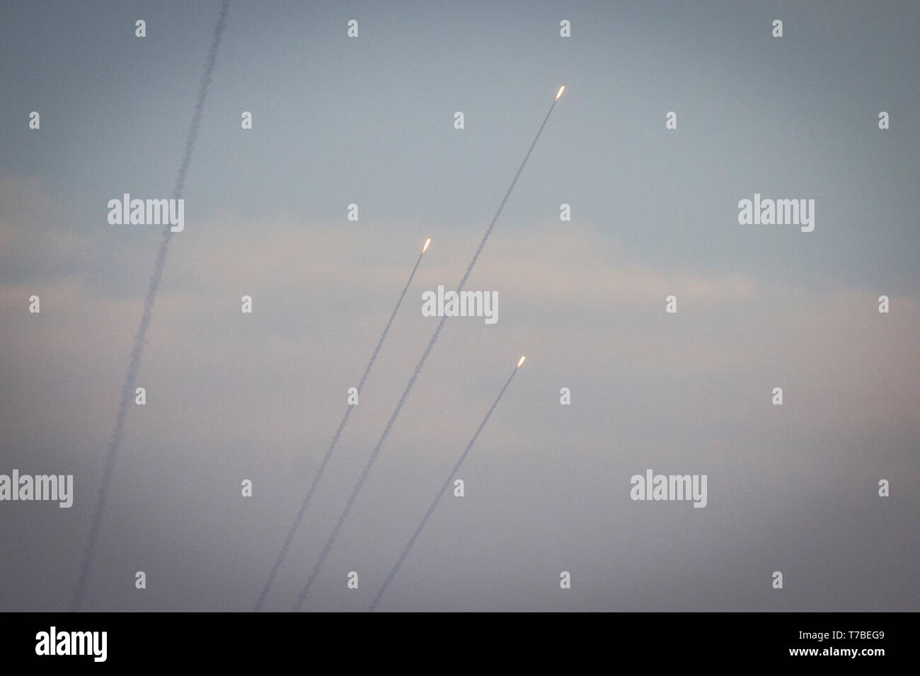 05 May 2019, Israel, Sderot: Rockets are seen fired from Gaza Strip ...