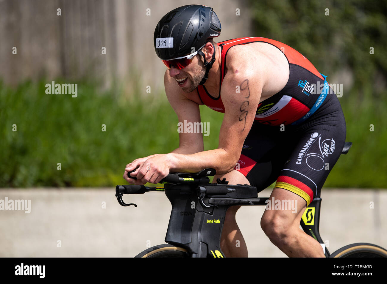 Kreuztal, Germany. 05th May, 2019. Jens Roth rides his bike in the ...