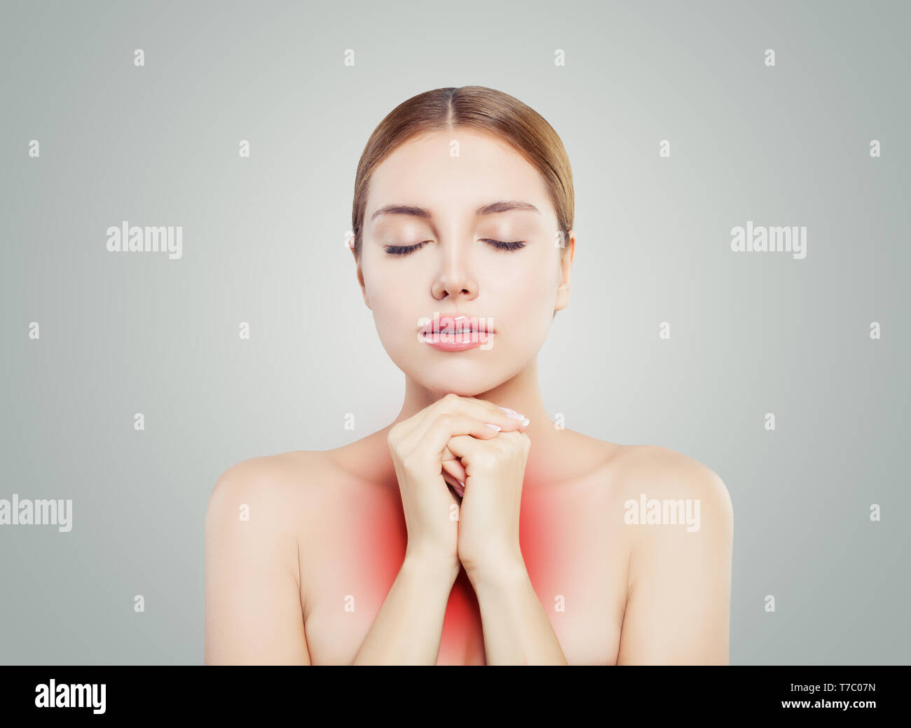 Woman face. Girl with clear skin relaxing. Woman Puts Hands on the ...