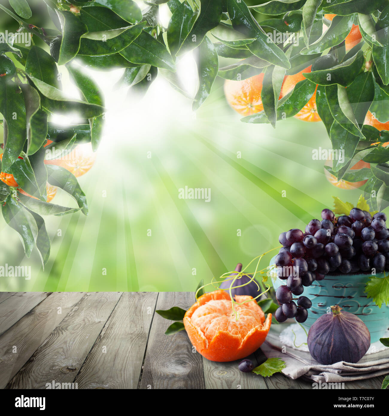 Fruits on wooden table in green sunlight mandarin garden. Natural ...