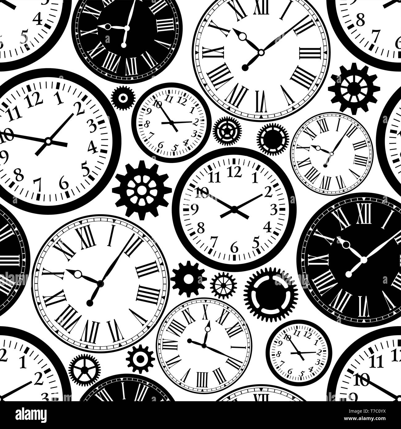 Clock`s seamless pattern. Black and white texture of time Stock Vector ...
