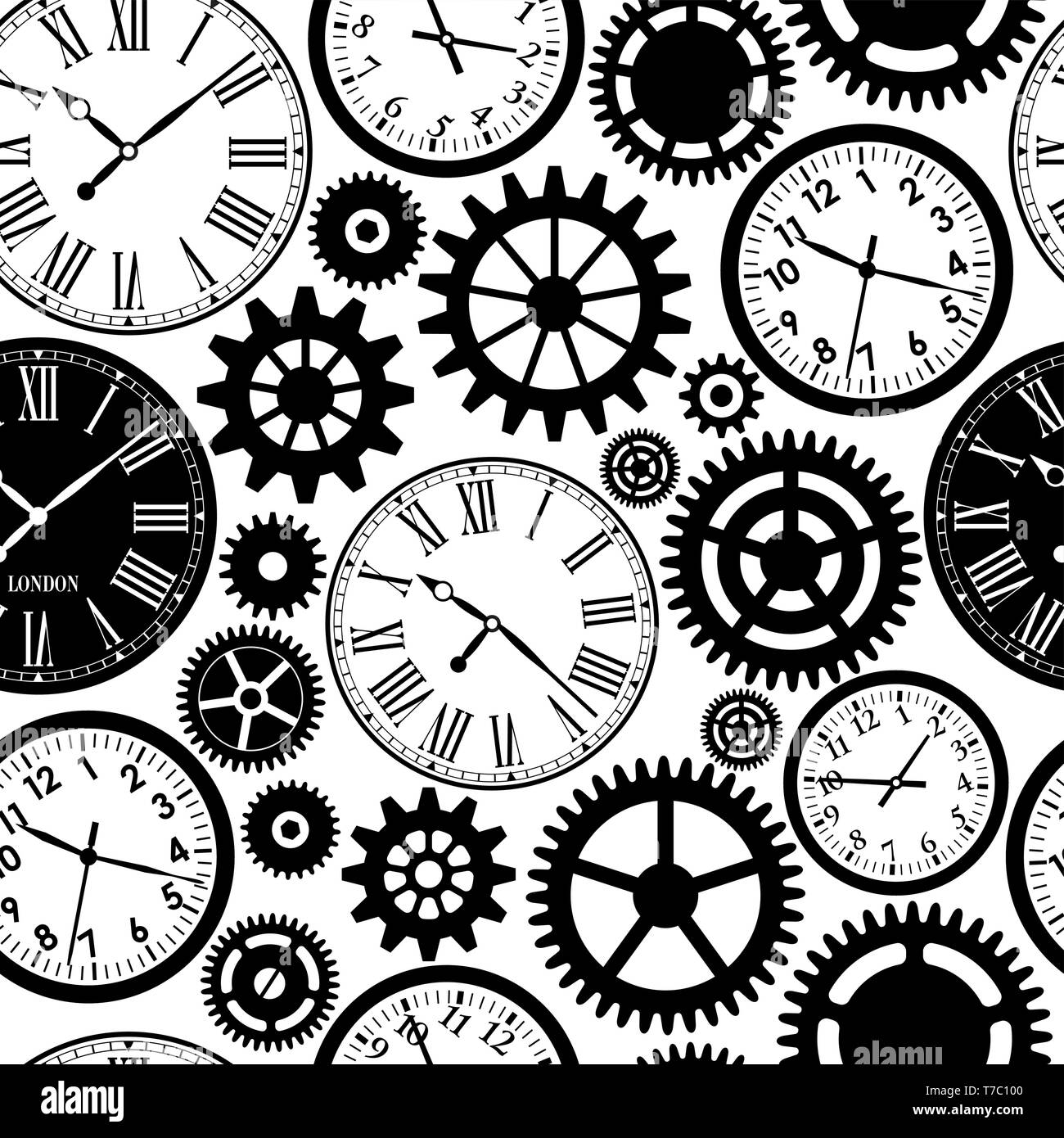 Clock`s seamless pattern. Black and white texture of time Stock Vector ...