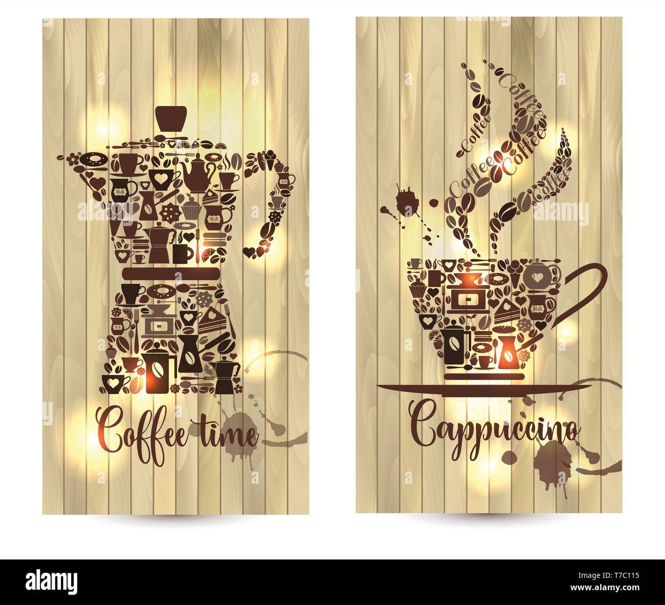 Vector illustration on wood background of coffee related shapes with ...