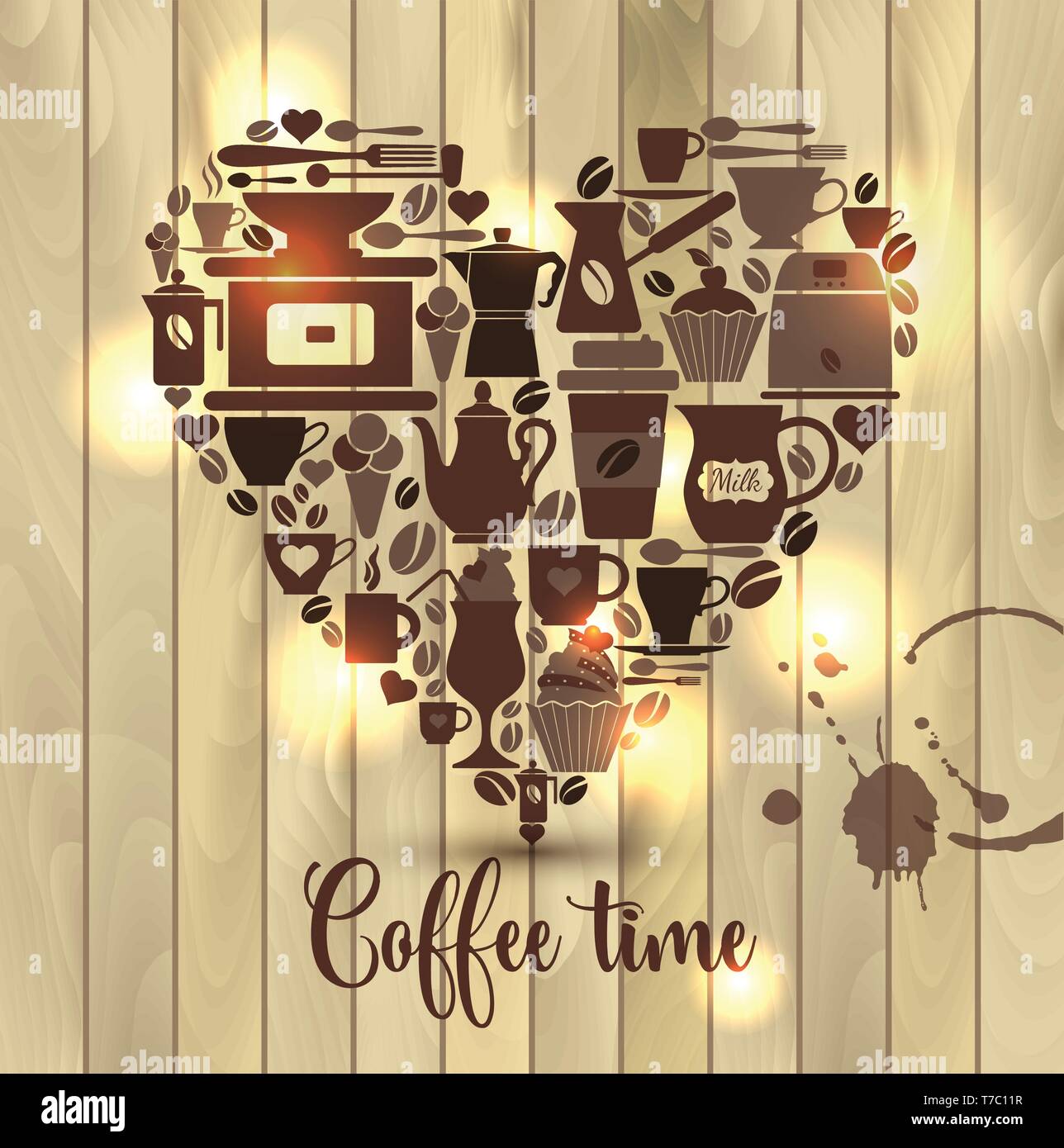 Vector illustration on wooden of heart with coffee icons set Stock ...