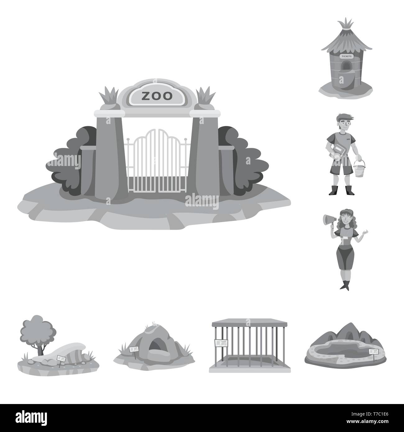 gate,window,zookeeper,trees,cave,cell,lake,arch,counter,man,woman,sand ...