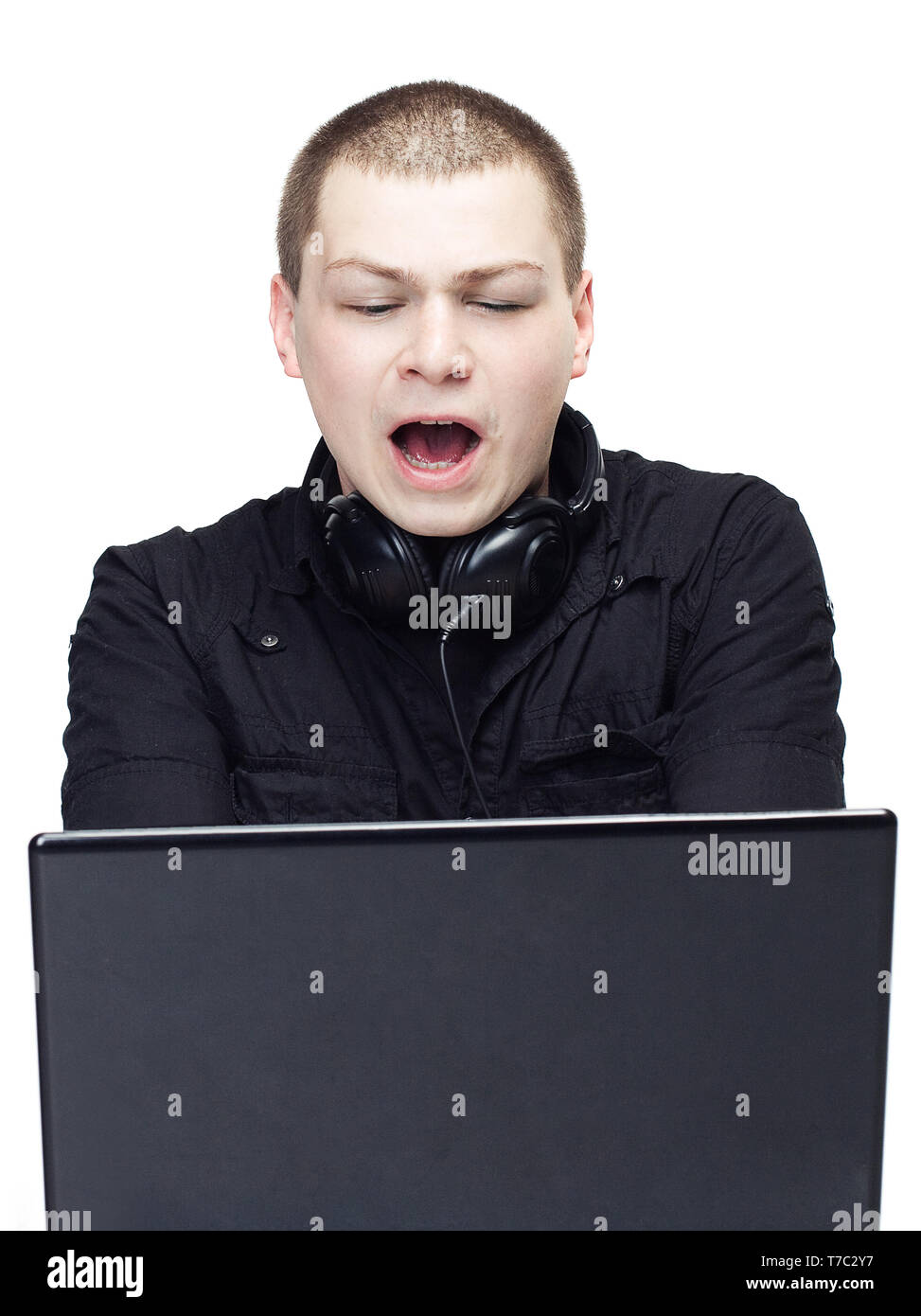 Surprised Man looking in computer. Technical trouble Stock Photo - Alamy