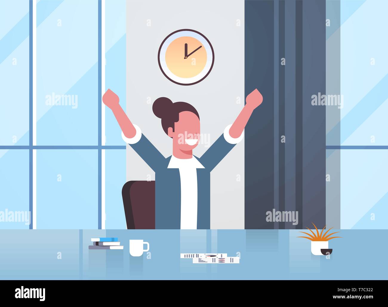 happy businesswoman raising hands expressing success effective time ...