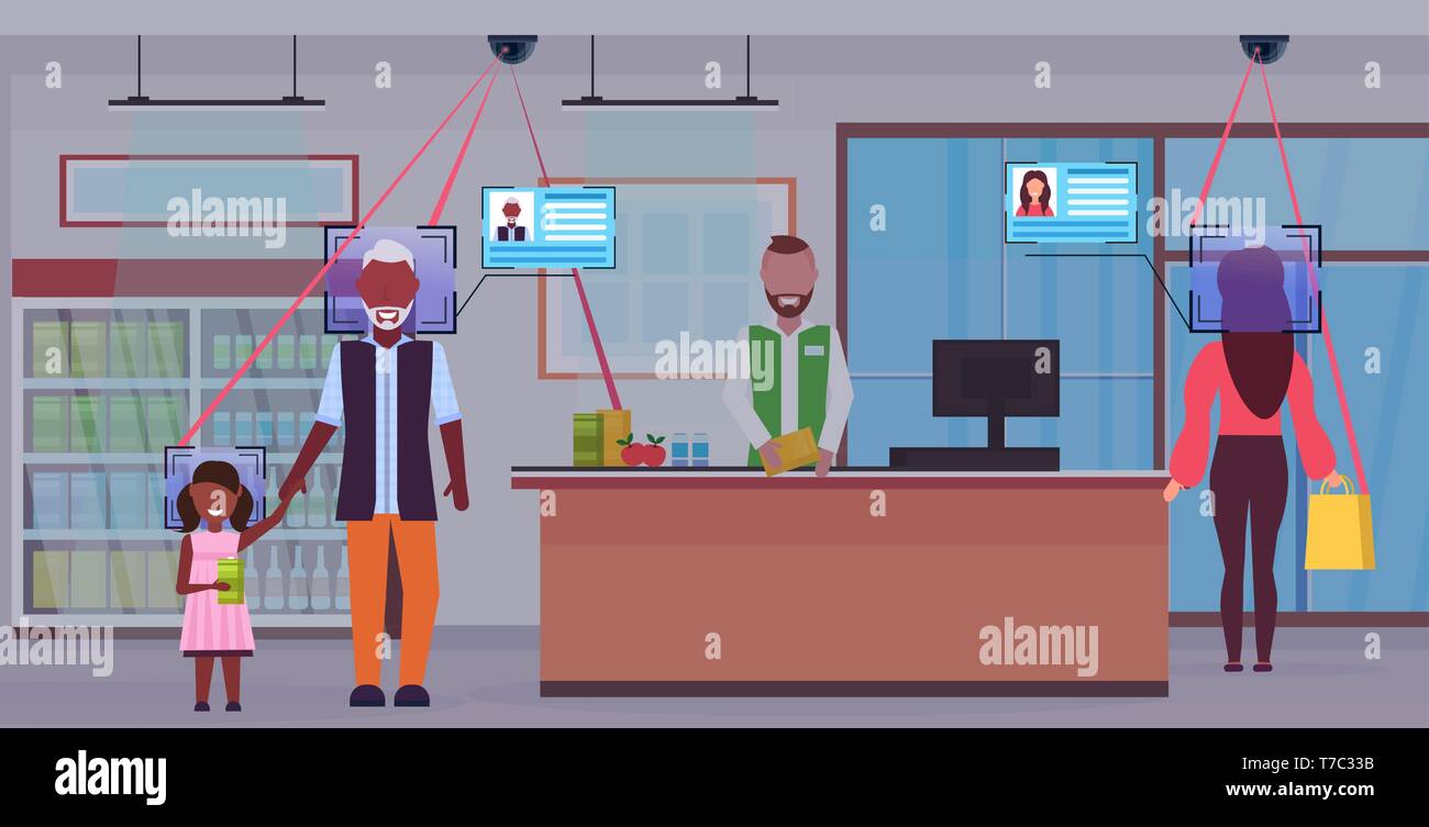 senior man with child standing at checkout counter customers ...