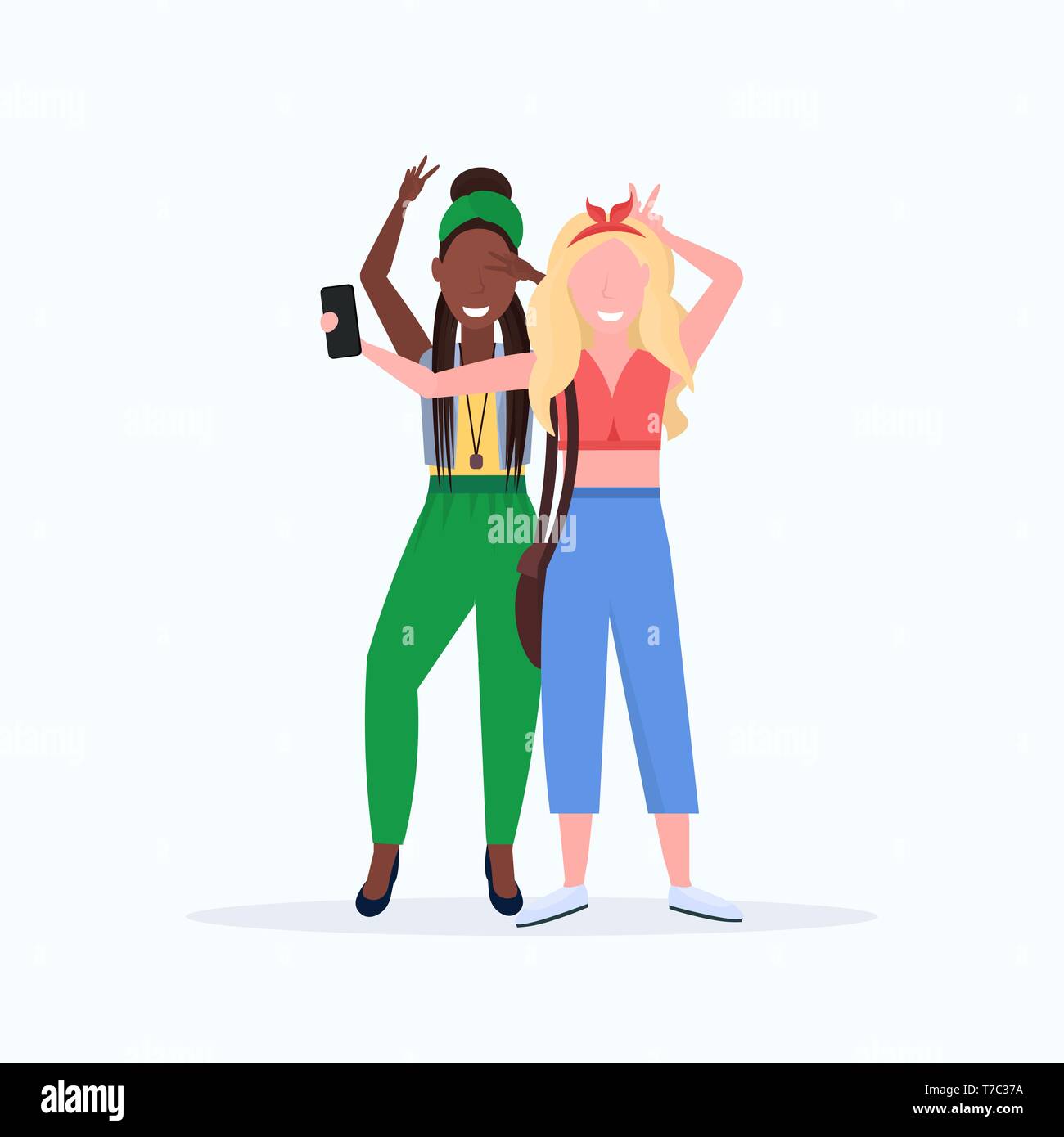 mix race women taking selfie photo on smartphone camera two female ...