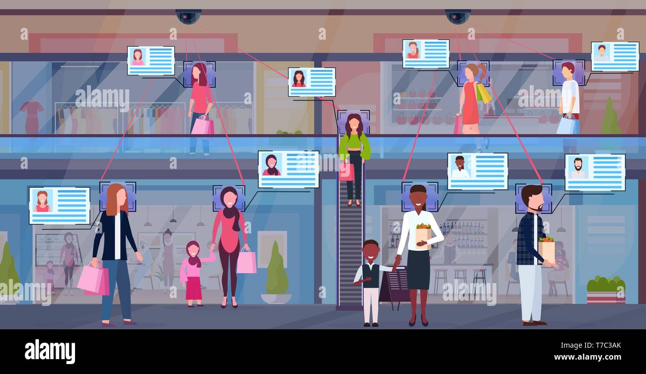 mix race visitors walking modern shopping mall identification facial ...