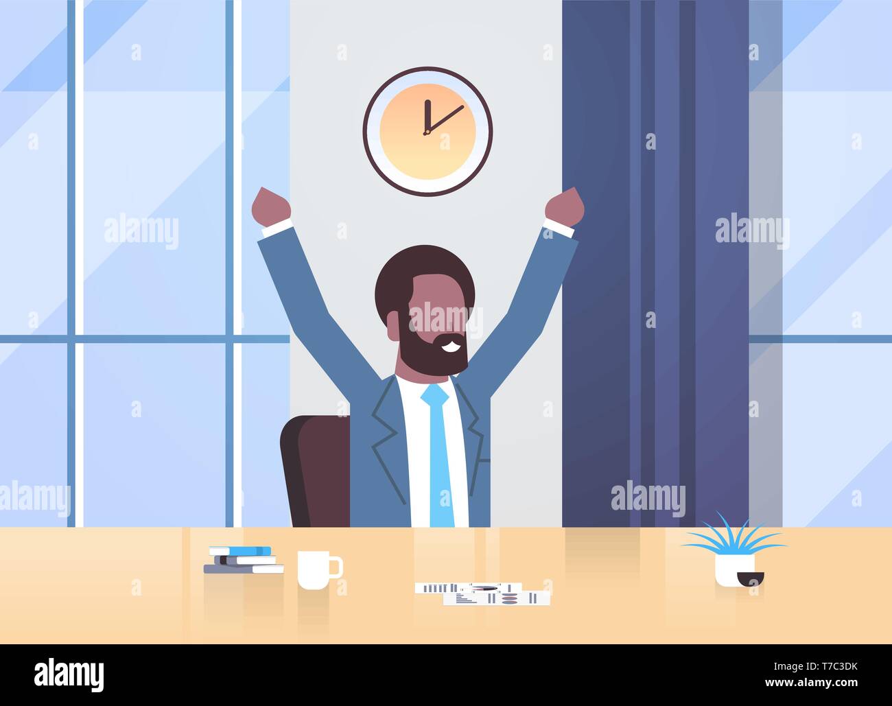 happy businessman raising hands expressing success effective time ...