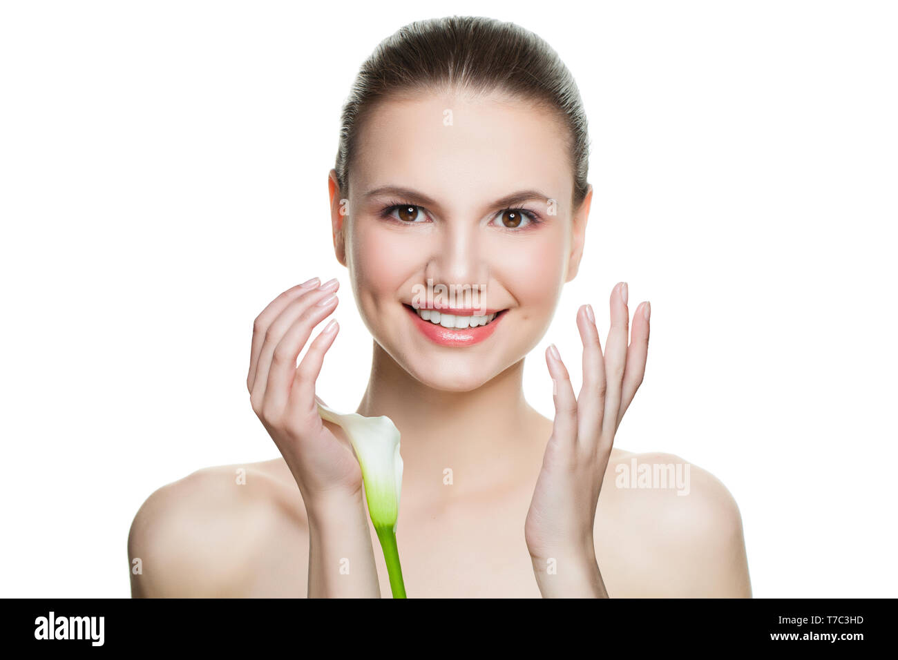 Beautiful smiling model with clear skin isolated. Skincare and facial ...