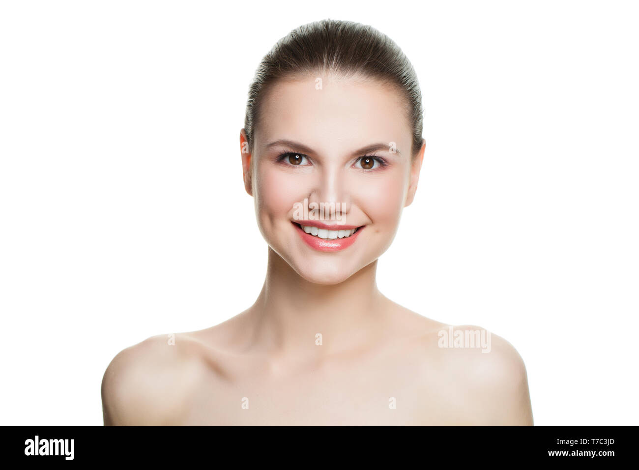 Cheerful woman spa model with clear healthy skin isolated on white ...
