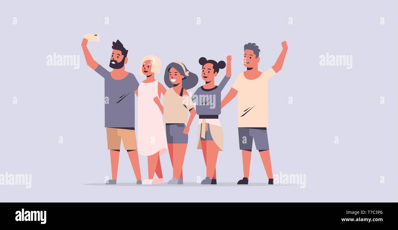 young people group taking selfie photo on smartphone camera friends ...