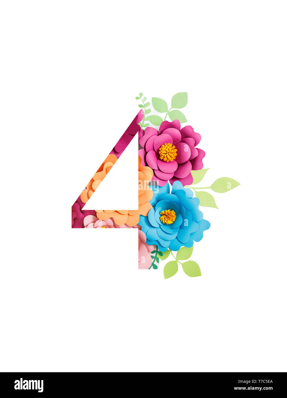 number 4 with paper cut bright flowers and leaves isolated on white ...