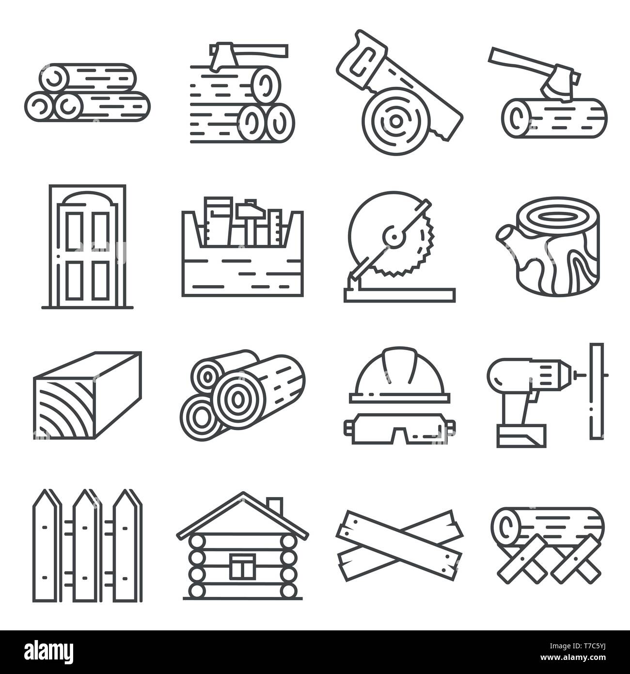 Timber industry icon set. Lline style collection of woodwork tools ...