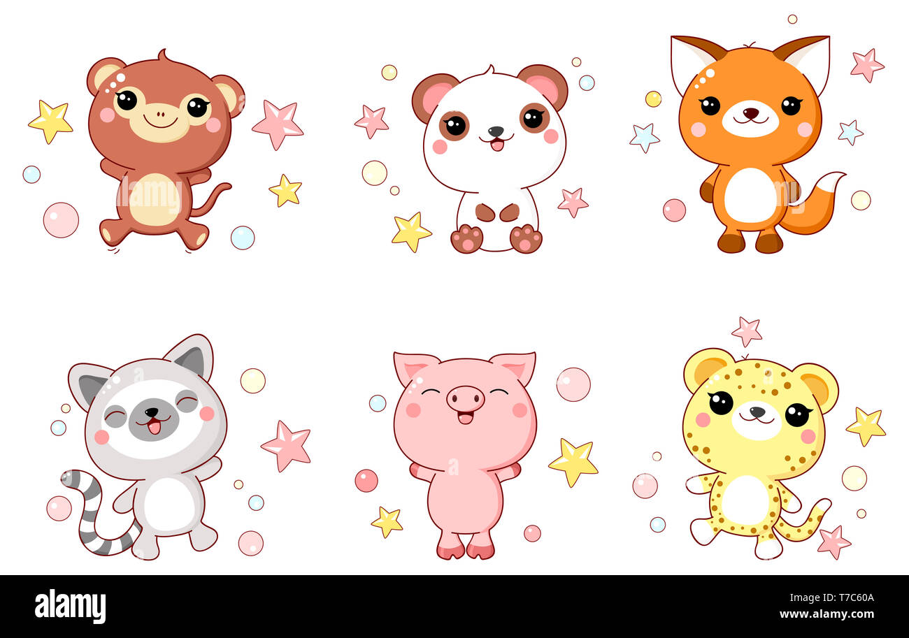 Set of cute animals baby - monkey, panda, fox, lemur, pig, leopard in ...