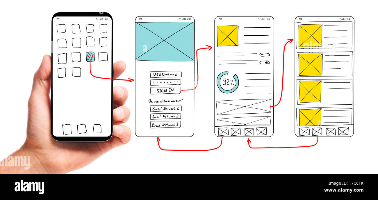 UI development. Male hand holding smartphone with wireframed user ...